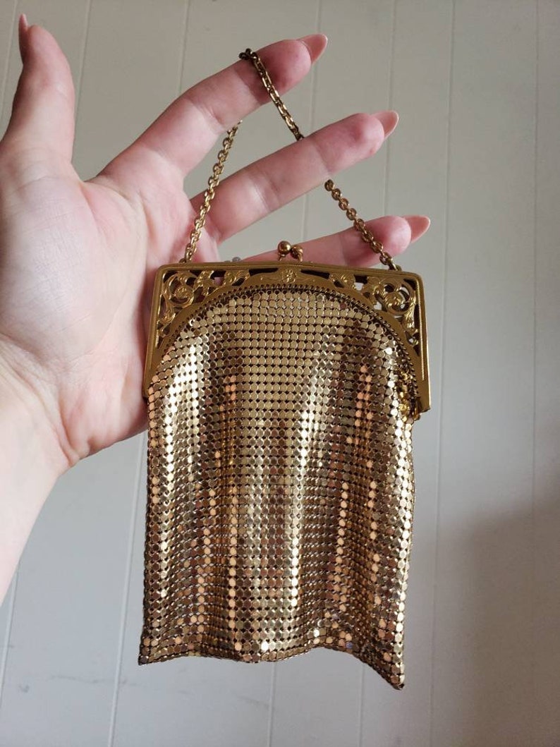Vintage Gold Mesh Evening Purse Twist Closure Chain Wedding Prom Floral ...