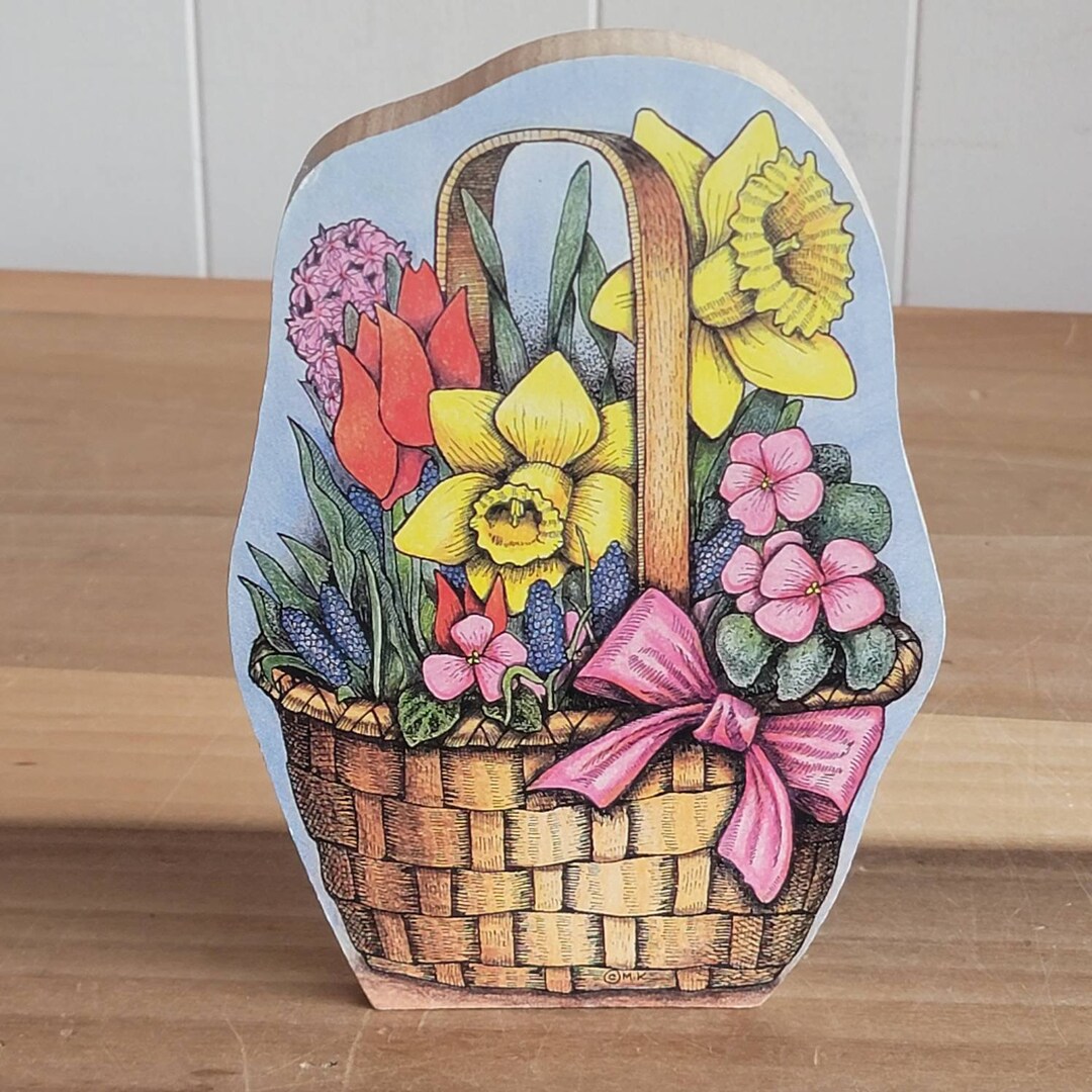 Vintage Wood Notes Maxwell Kory & Co Easter Basket Spring Basket Tulips ...