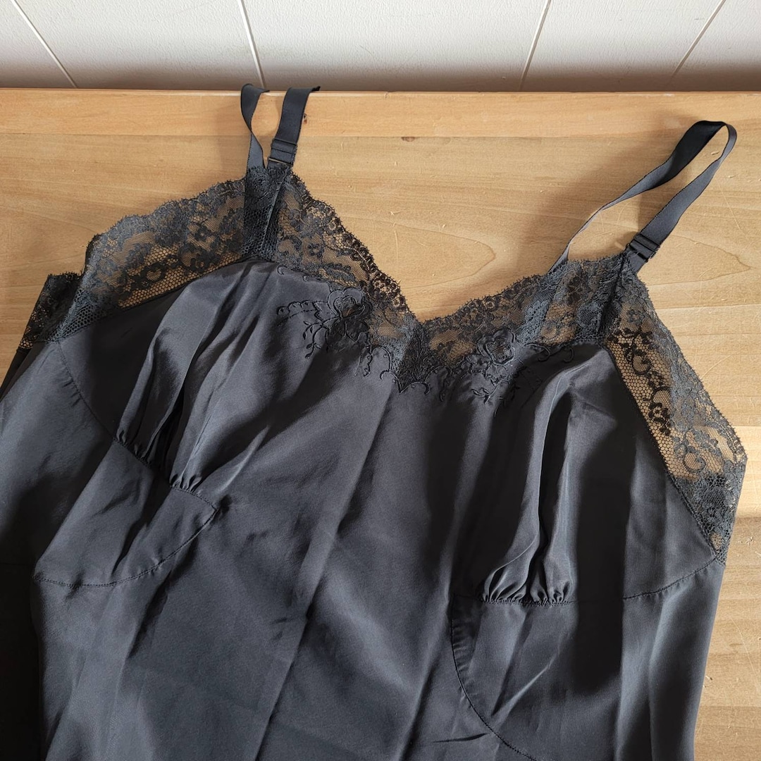Vintage Black Silk Full Slip With Floral Lace and Embroidery Plus Size ...