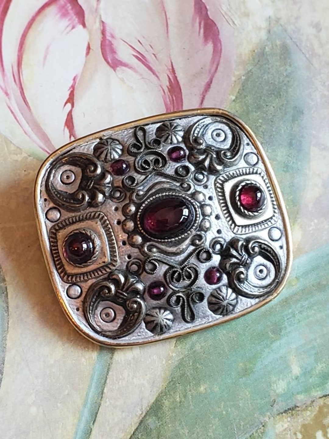 Vintage Michael Golan Pin or Brooch or Pendant Gold Tone Metal Garnet ...