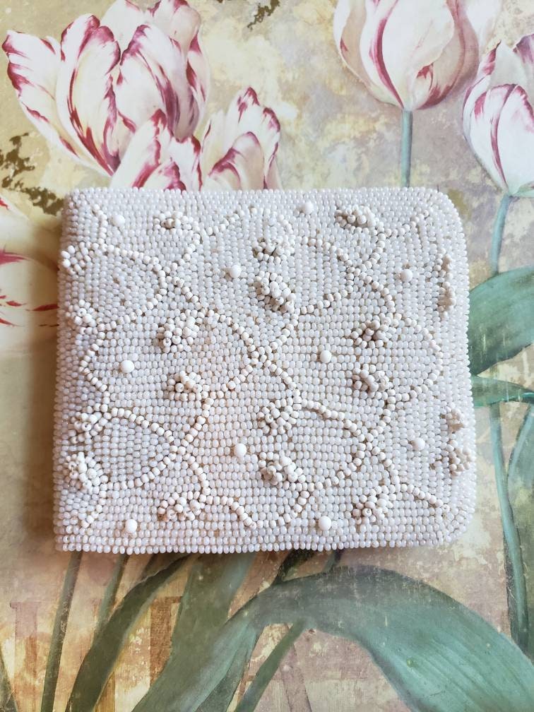 Vintage Beaded Bi Fold Wallet White Seed Beads Change Purse | Etsy