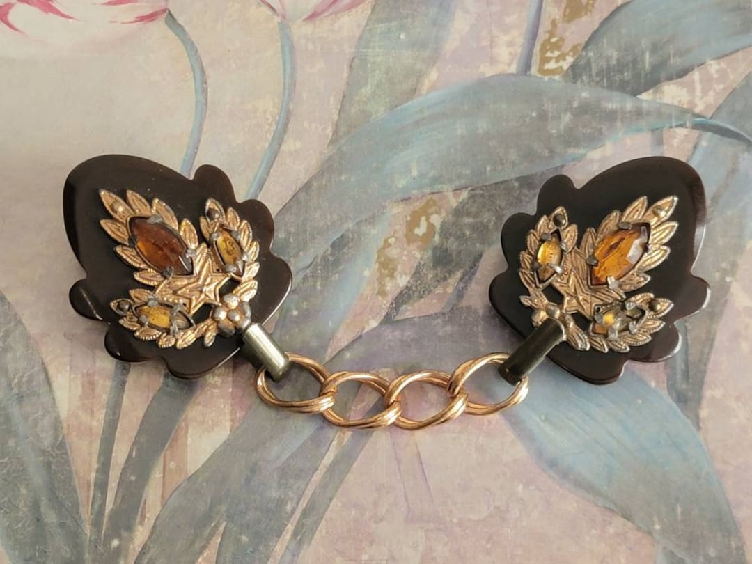 Vintage Rootbeer Root Beer Brown Bakelite With Rhinestones Leaf Shaped ...