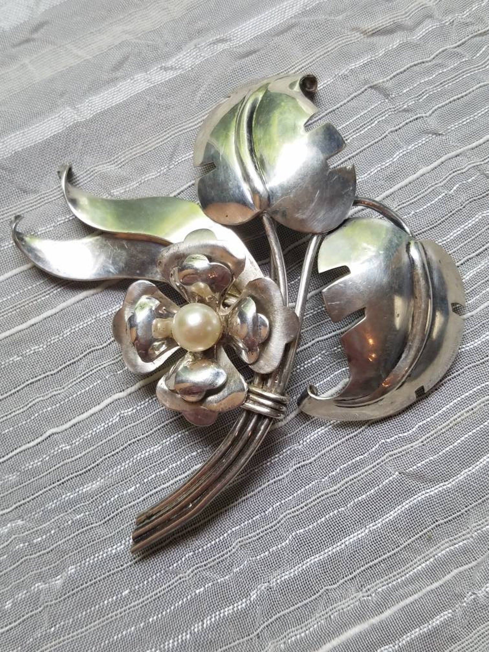 Vintage Harry Iskin Sterling Silver Floral Pearl Pin or Brooch | Etsy
