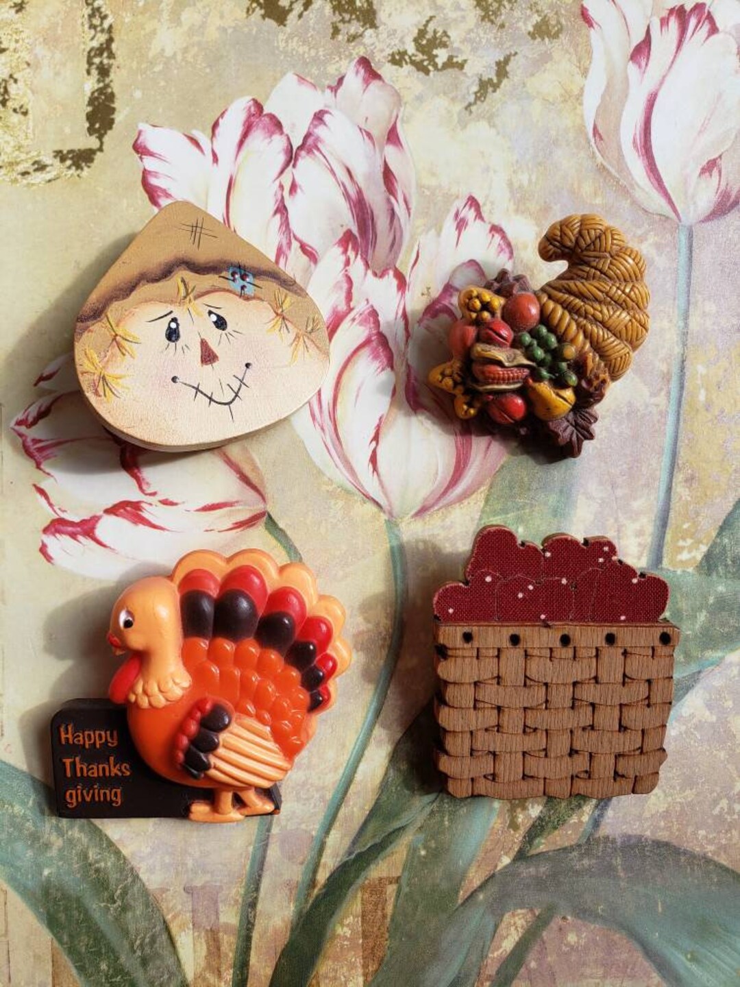 Vintage Thanksgiving Pins: Turkey, Cornucopia, Scarecrow, Apple Basket ...