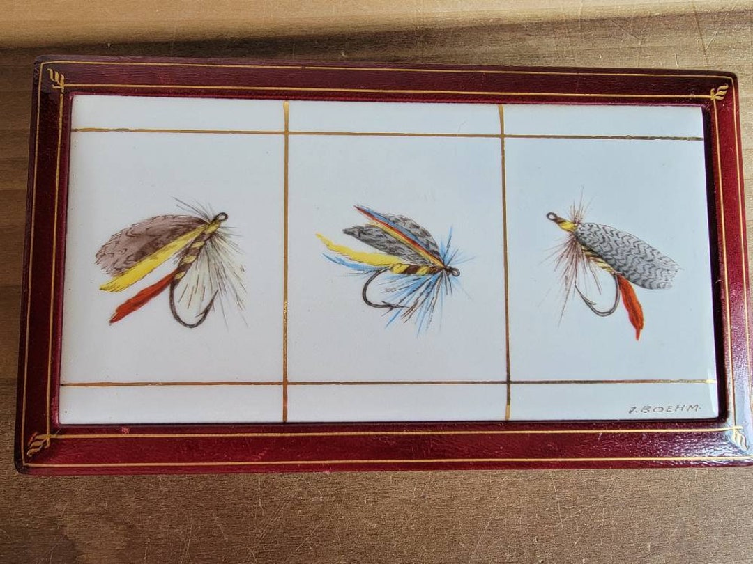 Vintage Boehm Porcelain Leather Fishing Lures Jewelry Box as is Made in ...