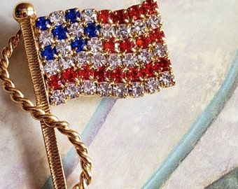 Red White and Blue Rhinestone Flag Brooch - Etsy