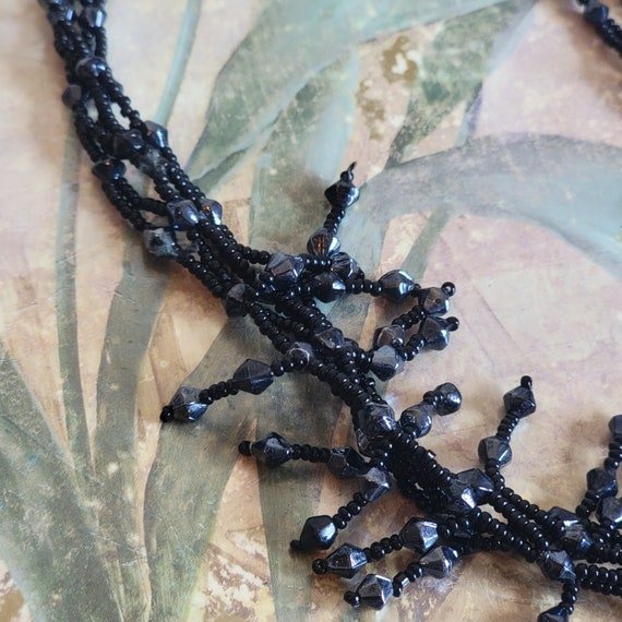 Vintage Black Seed Bead Fringe Necklace - Gem