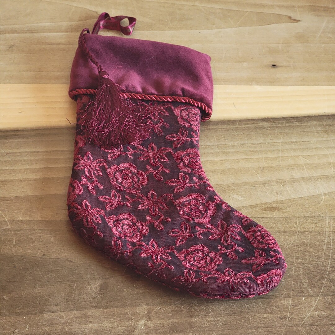 Vintage Russ Burgundy Floral Pattern Velvet Cuff Christmas Stocking ...