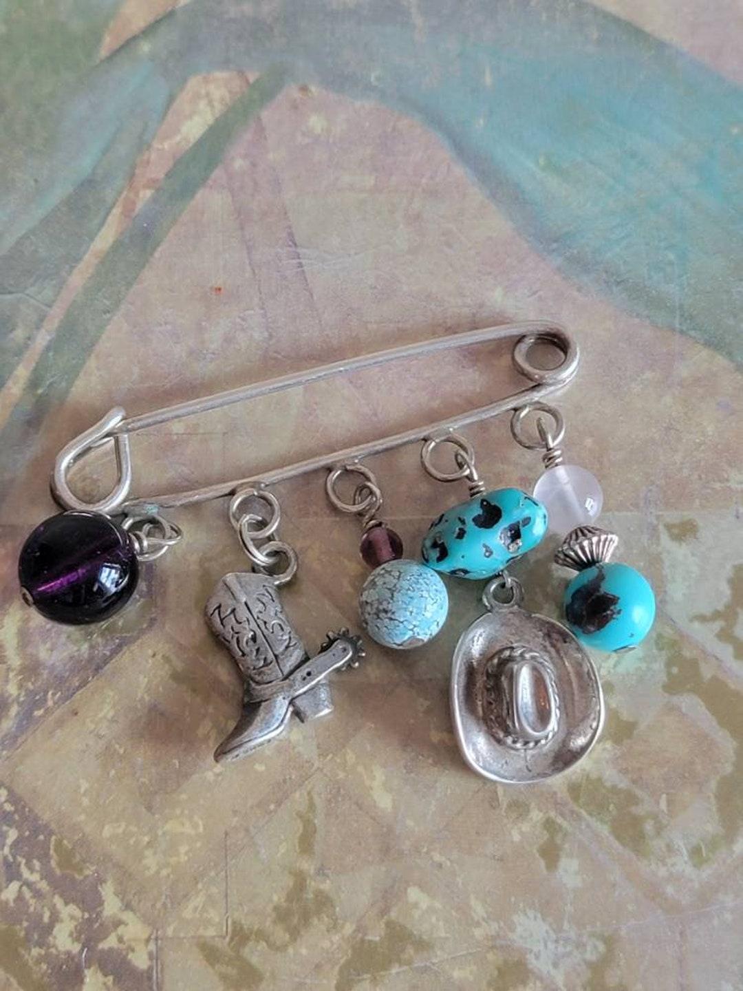 Vintage Sterling Silver Western Themed Safety Pin Brooch Cowboy Hat ...