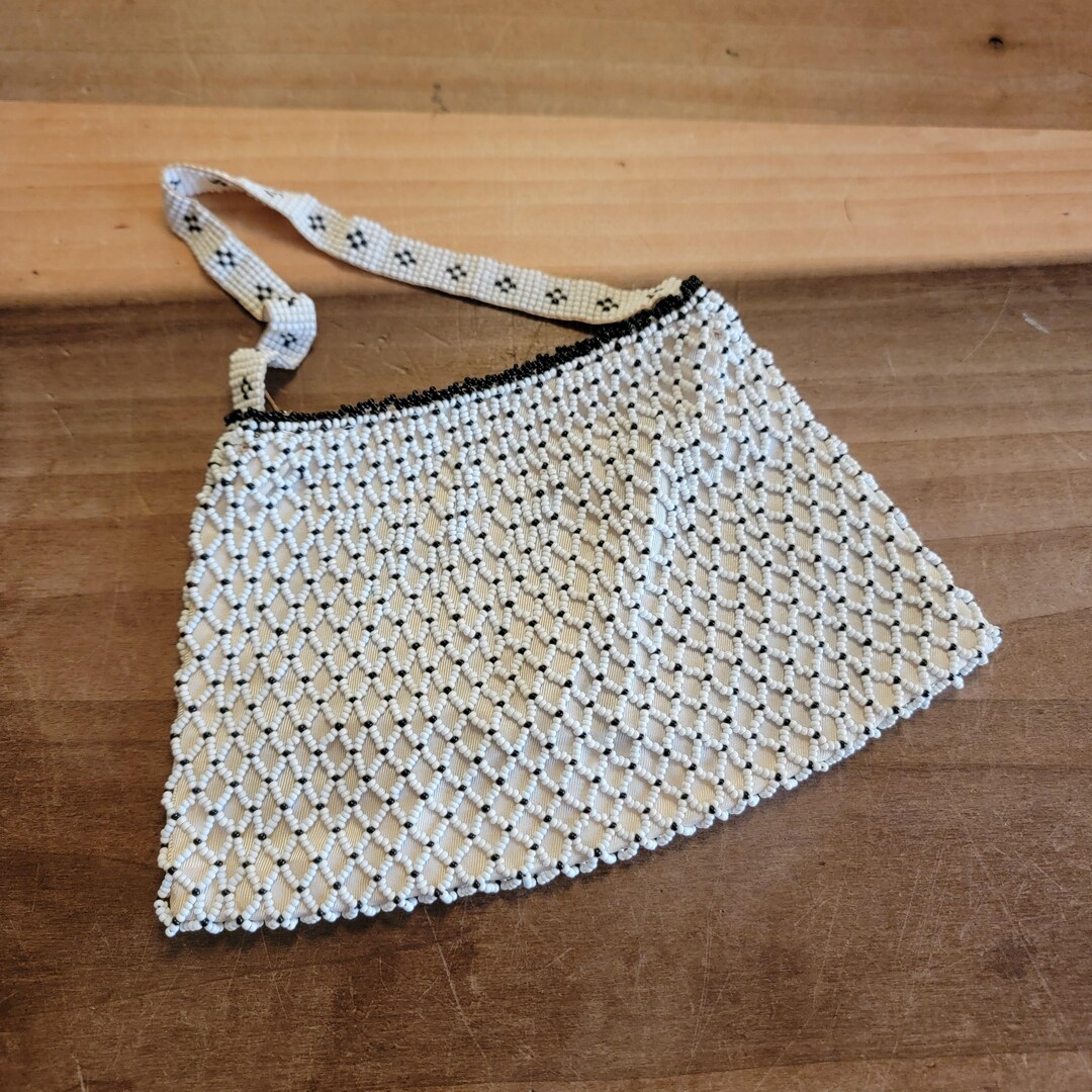 Vintage Small Beaded Bag Purse Wedding Prom White and Black Glass Seed ...