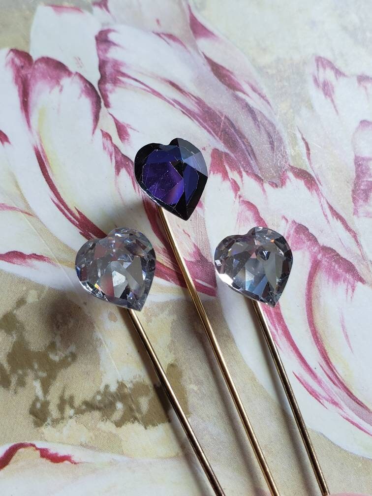 Vintage Lot of Three Rhinestone Heart Stick Pins Brooch Pin | Etsy