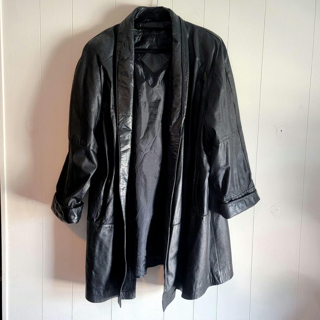 Vintage Jacqueline Ferrar Open Black Leather Jacket Shoulder Pads as is ...