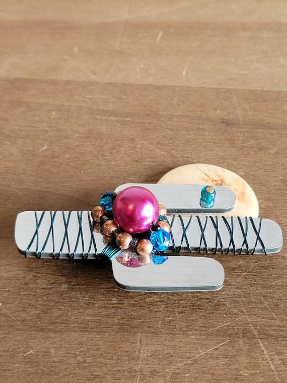 Vintage Liztech Liz Tech Cactus Mixed Media Brooch Pi… - Gem