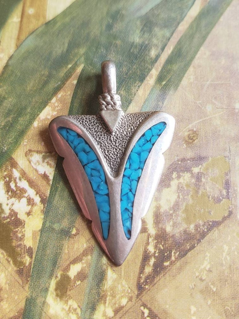 Vintage Arrowhead Pendant Sterling Silver Turquoise Mosaic | Etsy