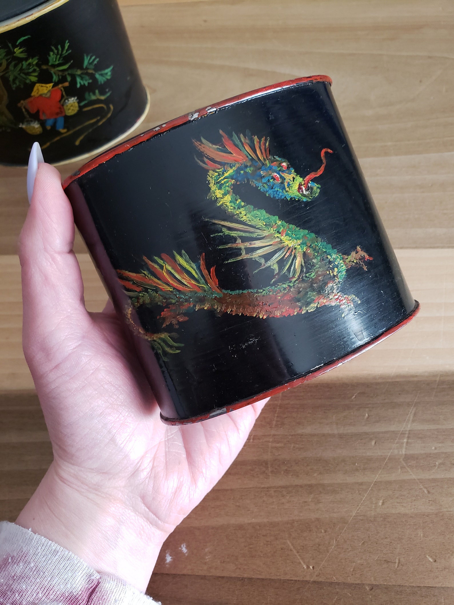 Vintage Hand Painted Tea Tins Asian Theme Dragon Tree as Is | Etsy