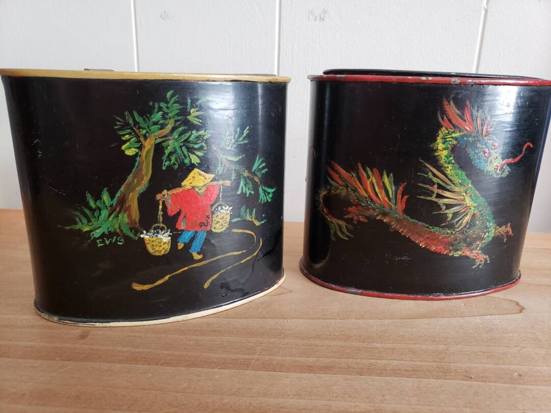 Vintage Hand Painted Tea Tins Asian Theme Dragon Tree as Is - Etsy