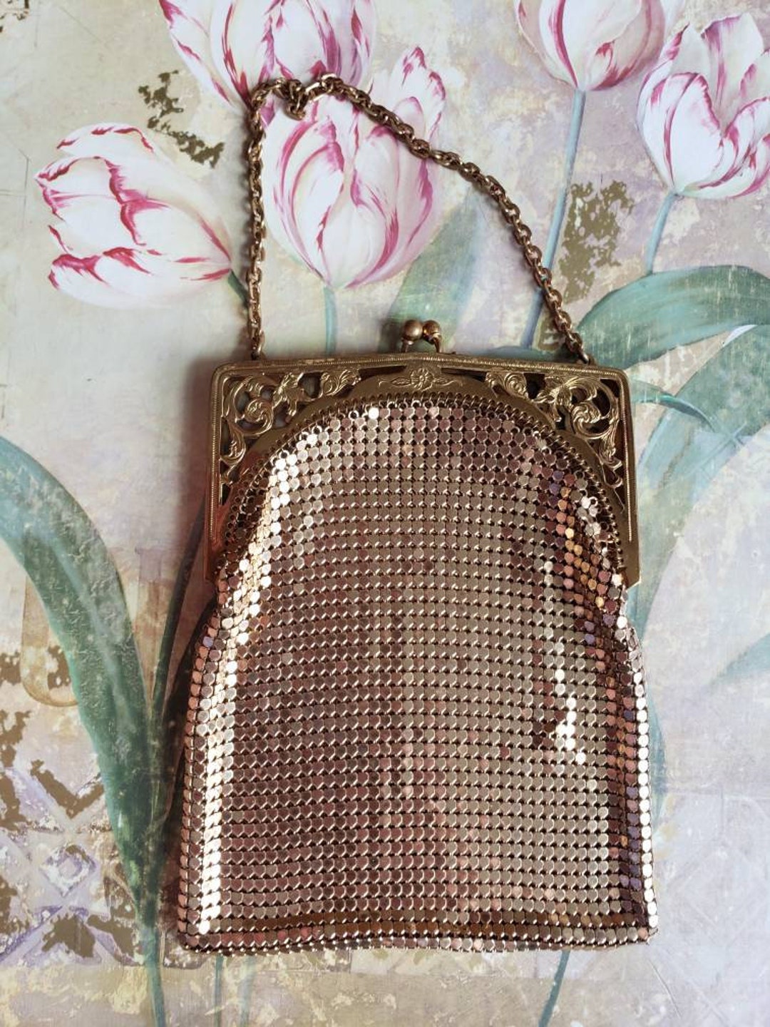 Vintage Gold Mesh Evening Purse Twist Closure Chain Wedding Prom Floral ...