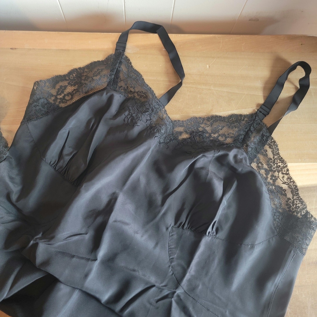 Vintage Black Silk Full Slip With Floral Lace and Embroidery Plus Size ...