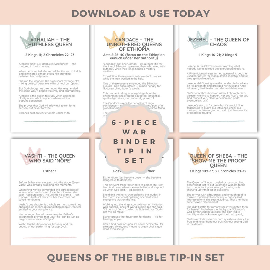 Queens of the Bible Tip in | Bible War Binder | 6 Printable Faith Face ...