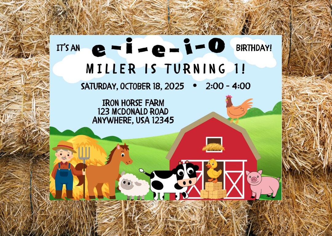 Colorful Old Macdonald First Birthday Party Editable Invitation ...
