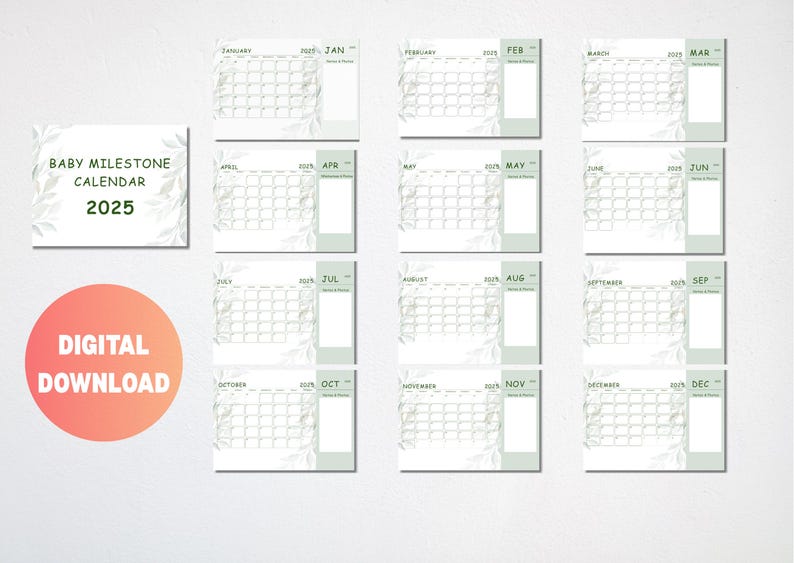 Baby Milestone Calendar Printable – Leaf Theme, First Year Tracker ...