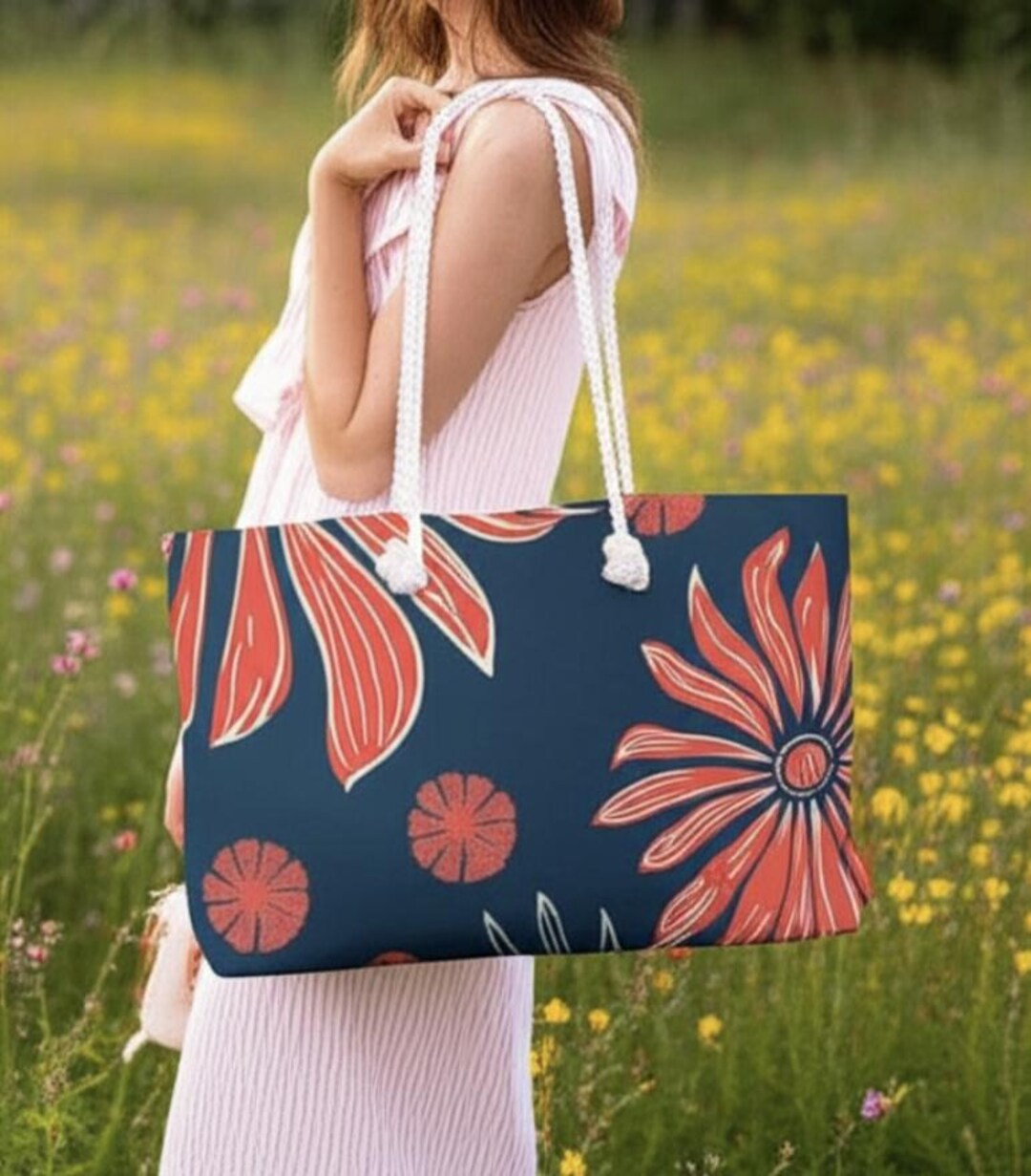 Teal Coral Floral Weekender Bag - Large Travel Tote With Rope Handles ...