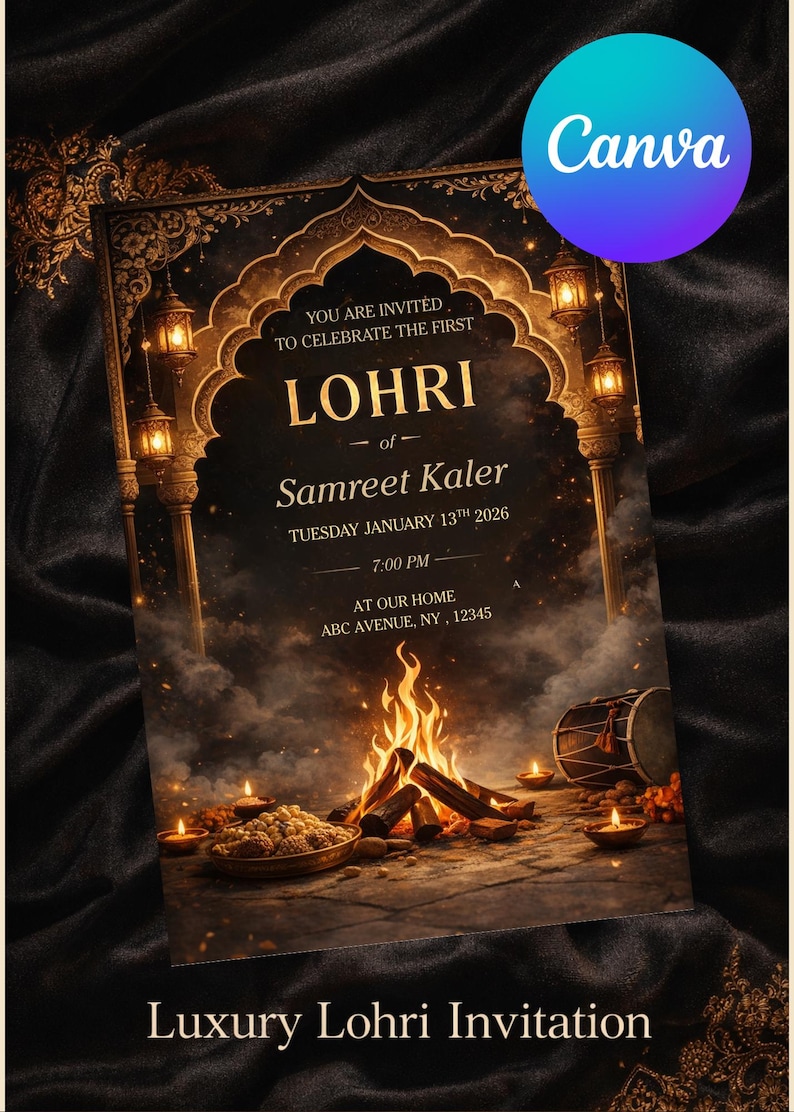 1st Lohri Invitation Template | Editable Canva Punjabi Lohri Invite ...