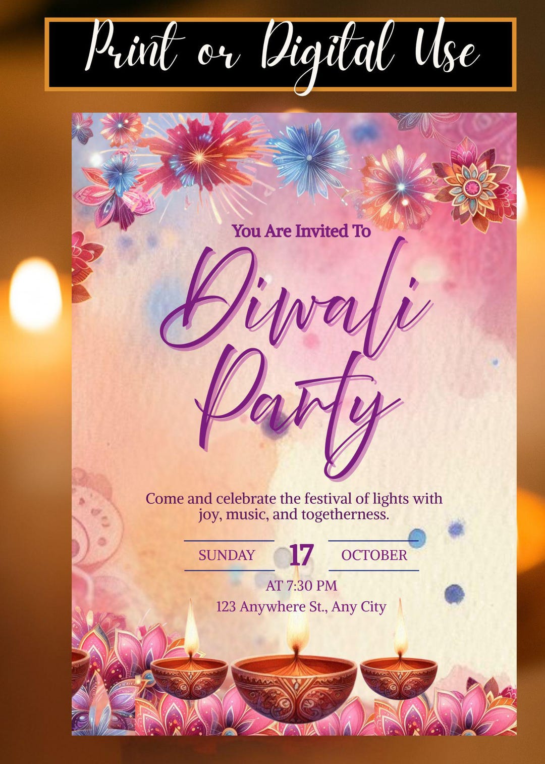 Editable Diwali Party Invitation Canva Template , Printable Diwali ...