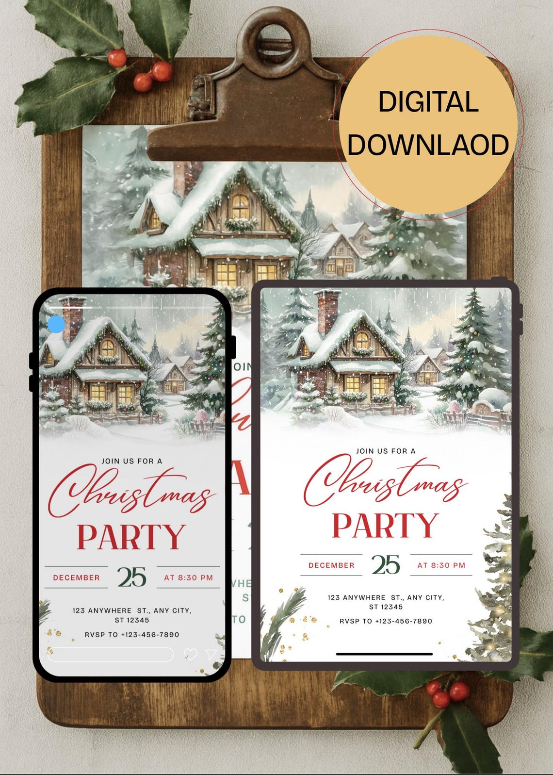 Christmas Party Invitation Template, Editable Text in Canva, Winter ...