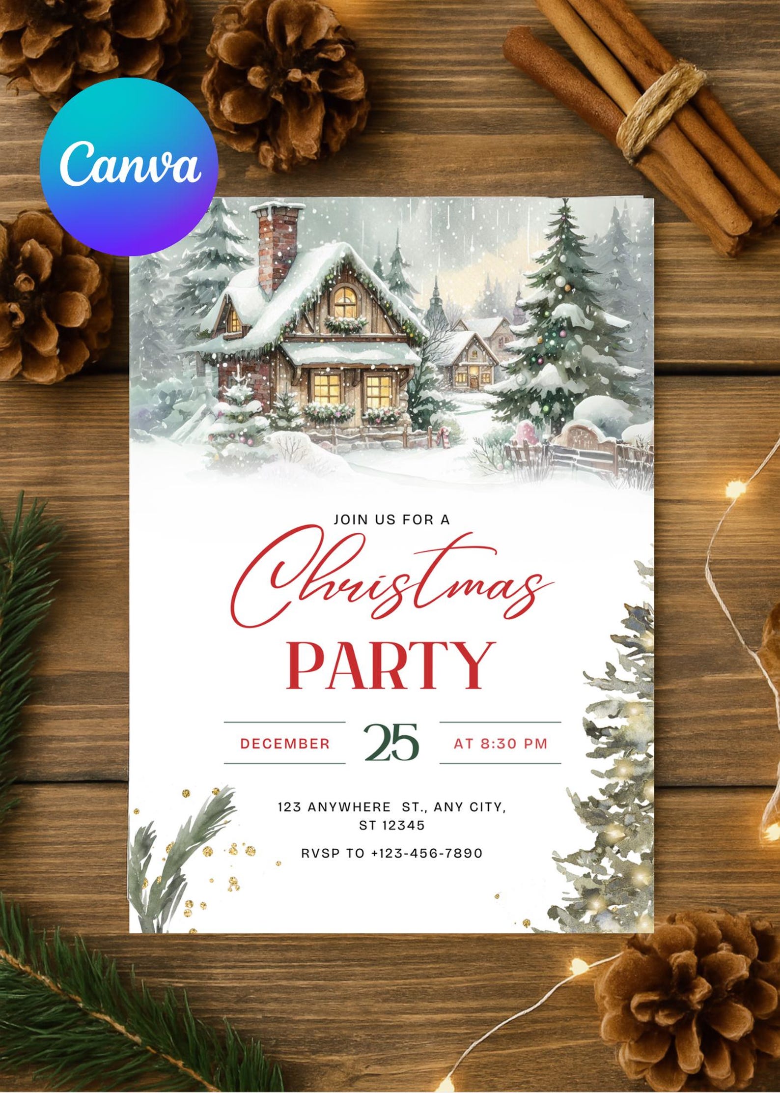 Christmas Party Invitation Template, Editable Text in Canva, Winter ...