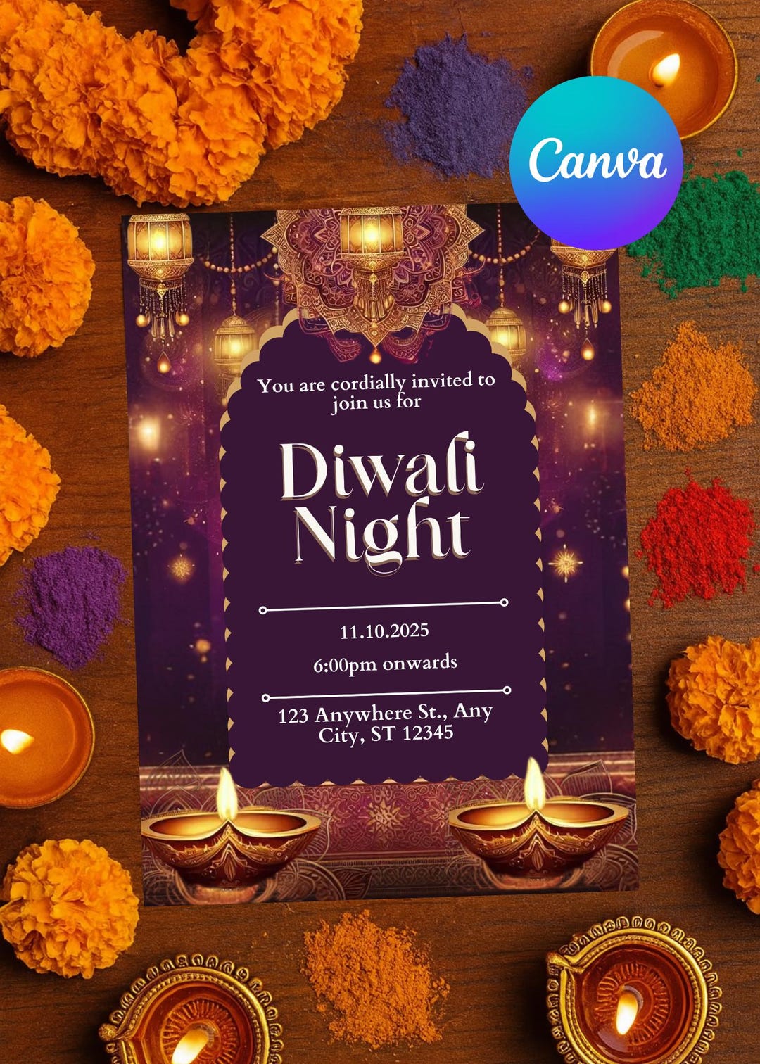 Editable Diwali Party Invitation Canva Template , Printable Diwali ...