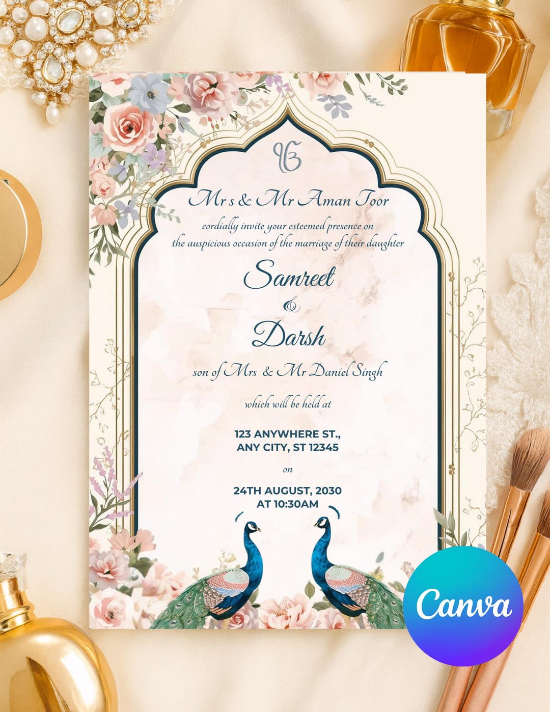 Peacock Indian Wedding Invitation Template • Floral Arch Mandap Design ...