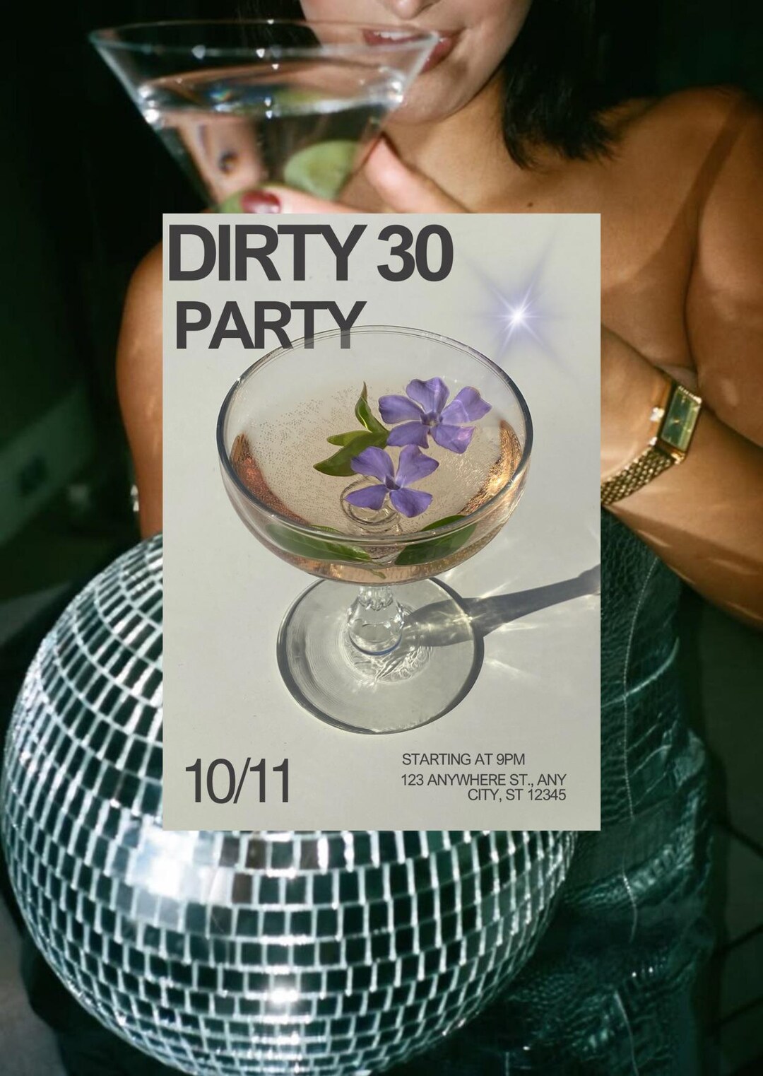 Minimalist Dirty 30 Invitation: Champagne Floral Design (digital ...