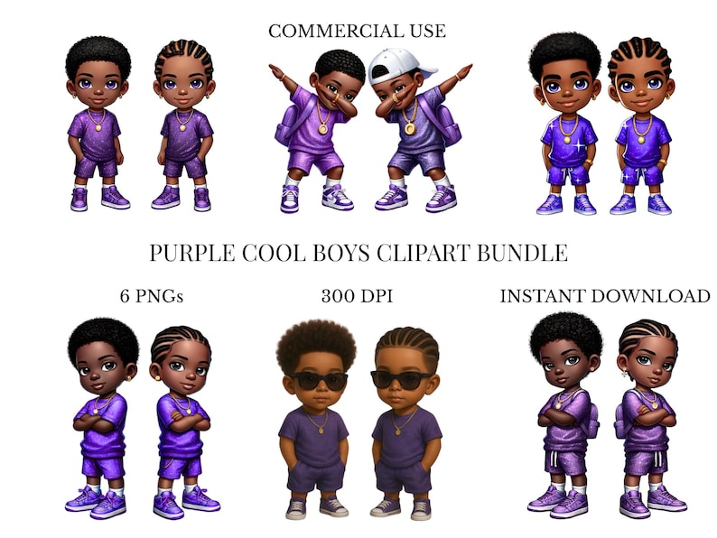 Purple Boys Clipart Bundle, African American PNG (commercial Use ...