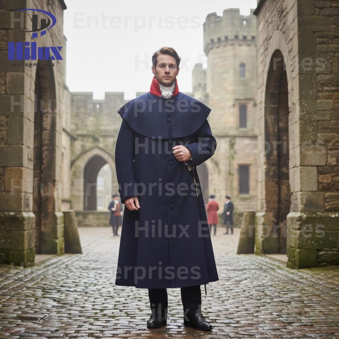 Mens Regency Garrick Coat | Victorian Overcoat With Cape, Navy Blue ...