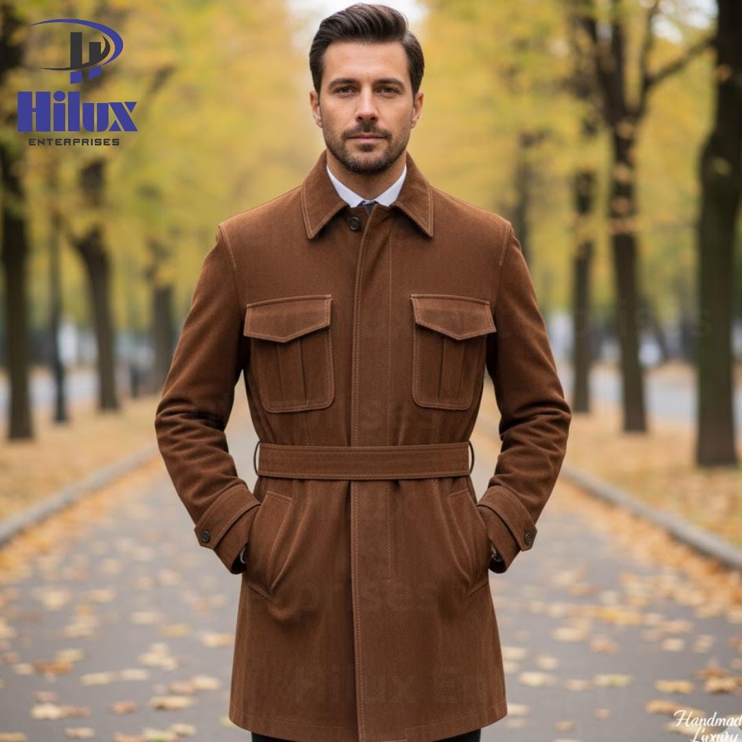 Mens Suede Leather Car Coat – Handmade Leather Coat- Belted Safari ...