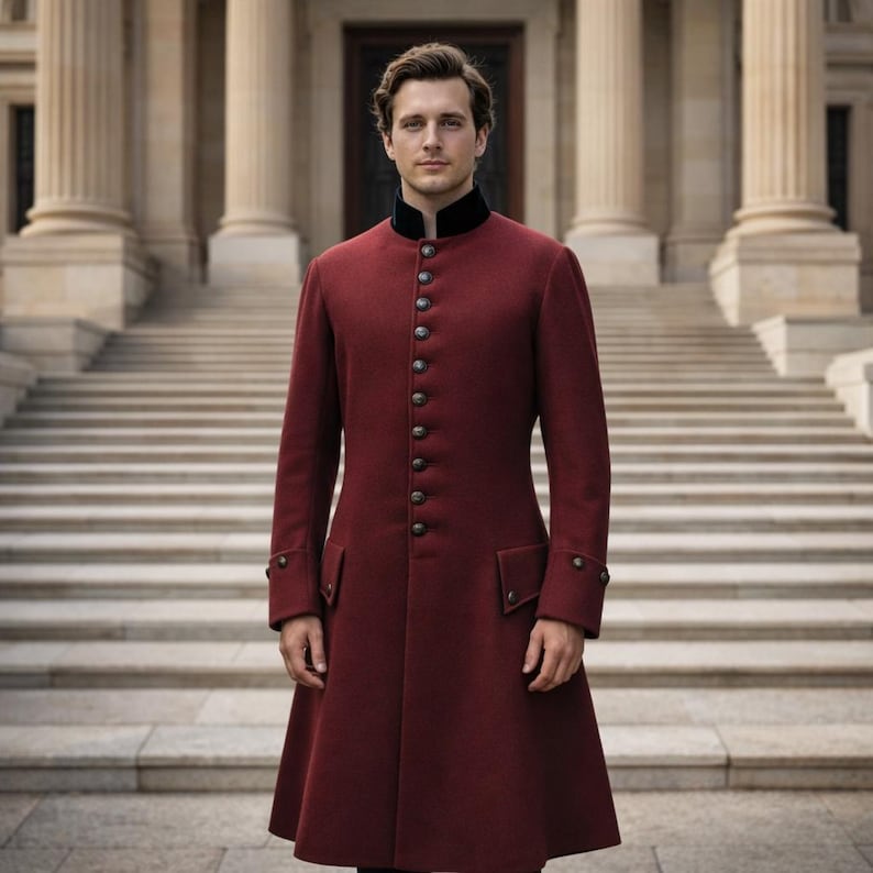 Men's Burgundy Victorian Frock Coat, Regency Bridgerton Costume, Wool ...