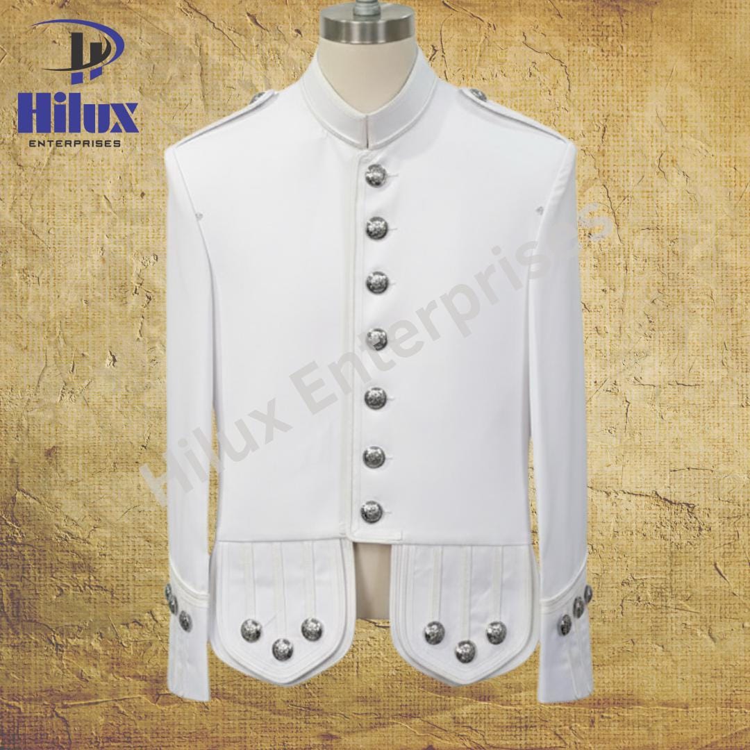 Men's White Wool Scottish Doublet Jacket – Silver Button Highland ...