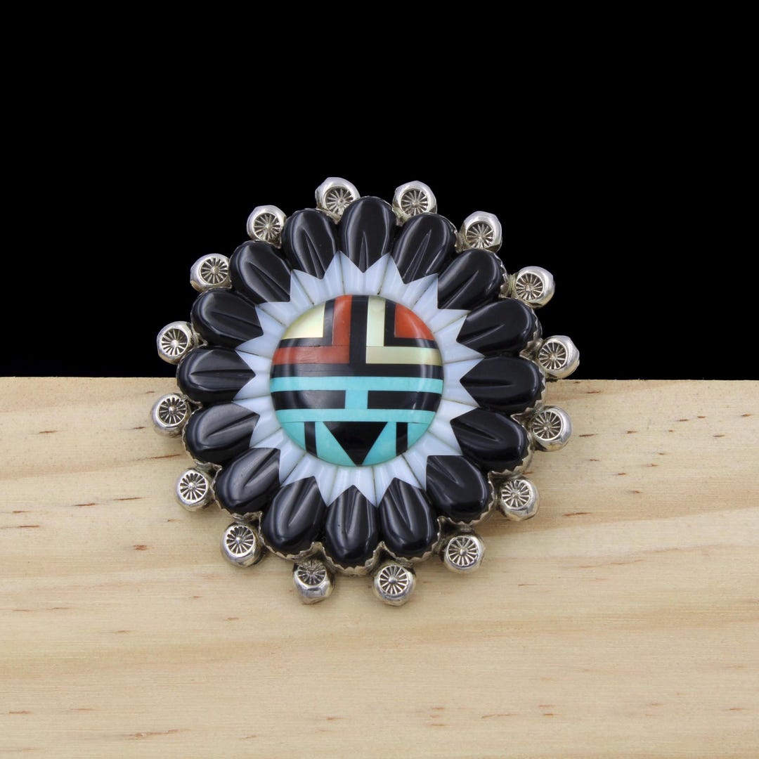 Zuni Signed Andrew Dewa Sterling Silver Turquoise Coral Onyx Sun Face ...