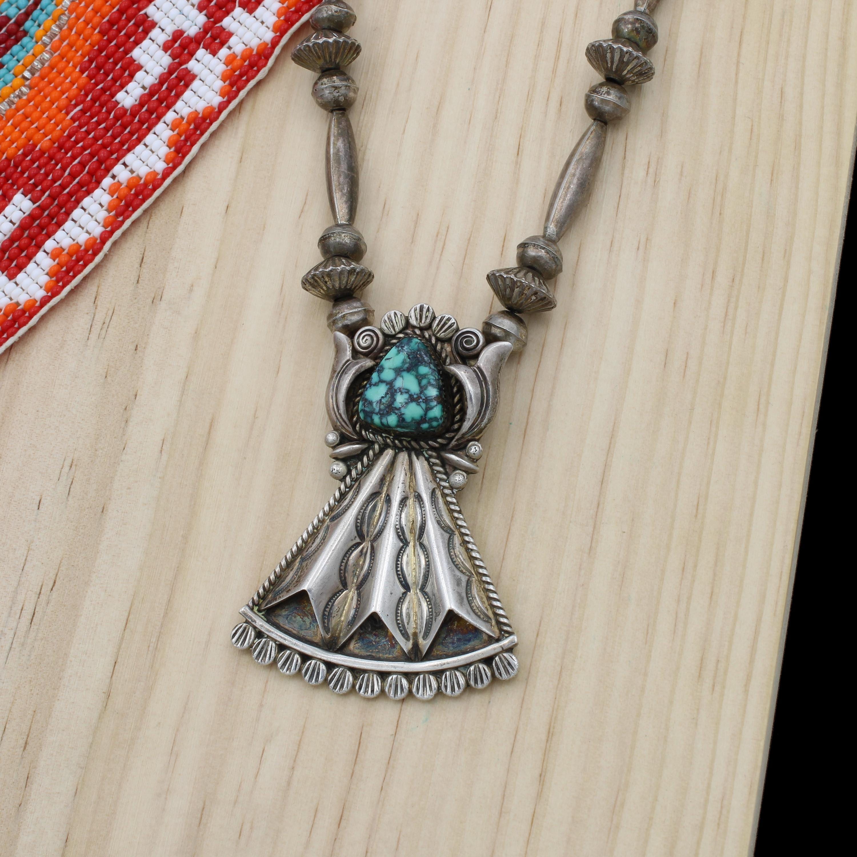 Navajo Sadie Calvin Signed Sterling Silver & Turquoise Pendant Bench ...