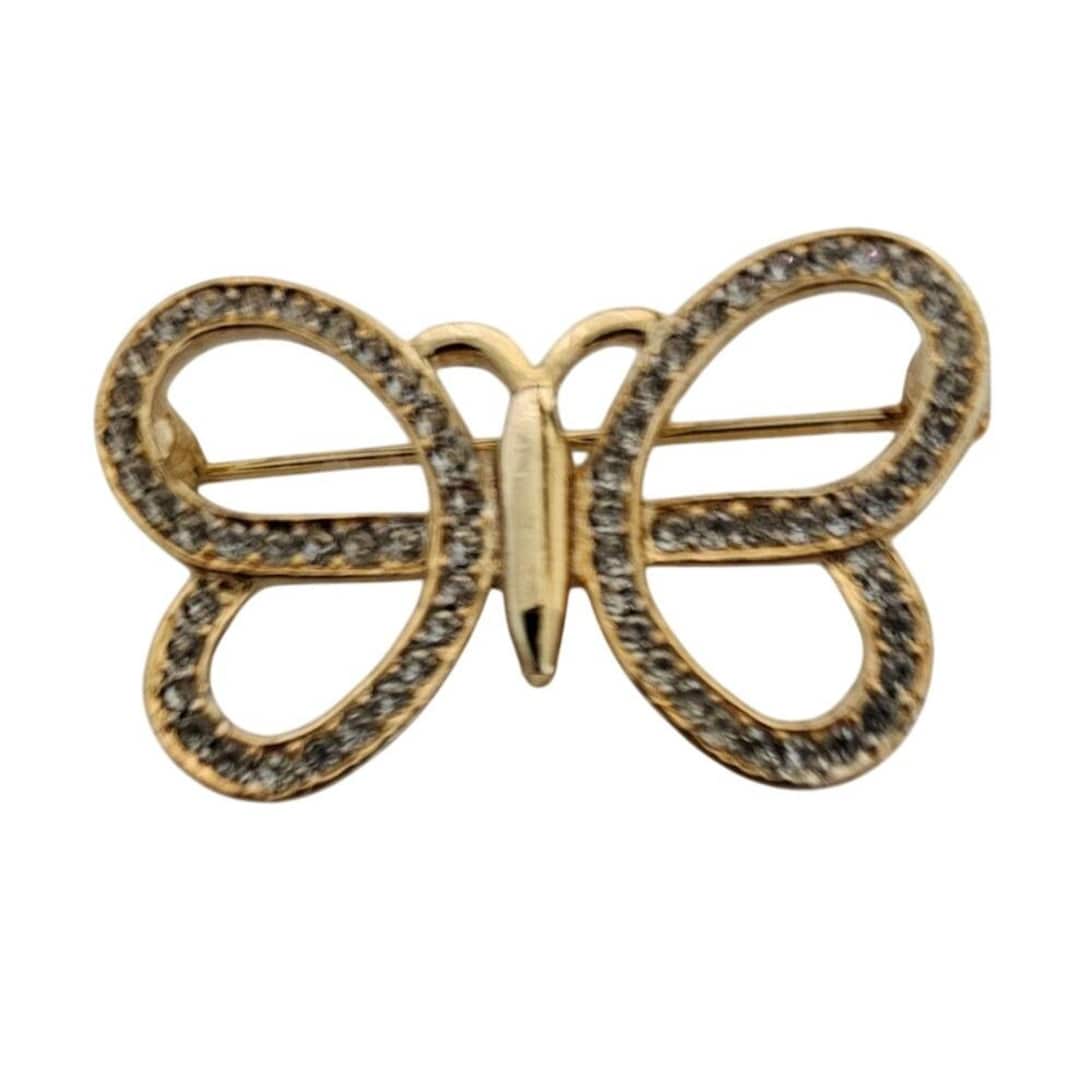 Vintage Gold Tone Monet Butterfly Brooch 1.5" Wide Sparkly Rhinestones ...