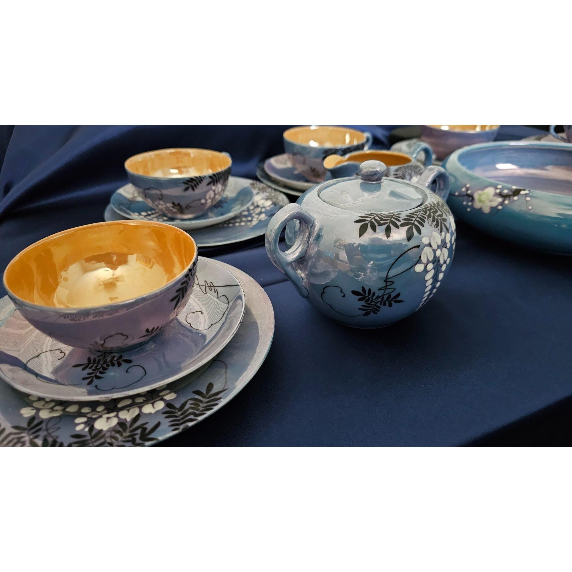 Vintage Japanese Porcelain Tea Set - 21 Pieces Blue & Gold Floral ...