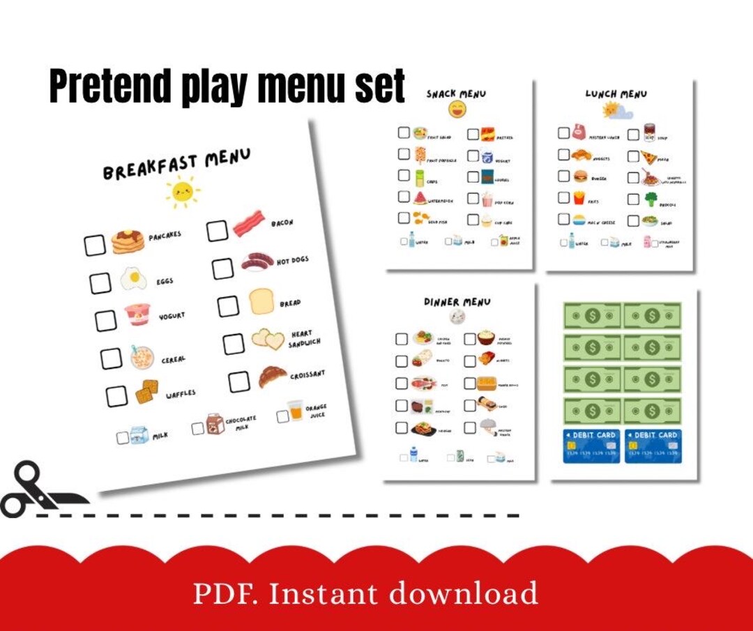 Pretend Menu Play Set/printable Drama Play/ Pre-k/kinder/food Game - Etsy