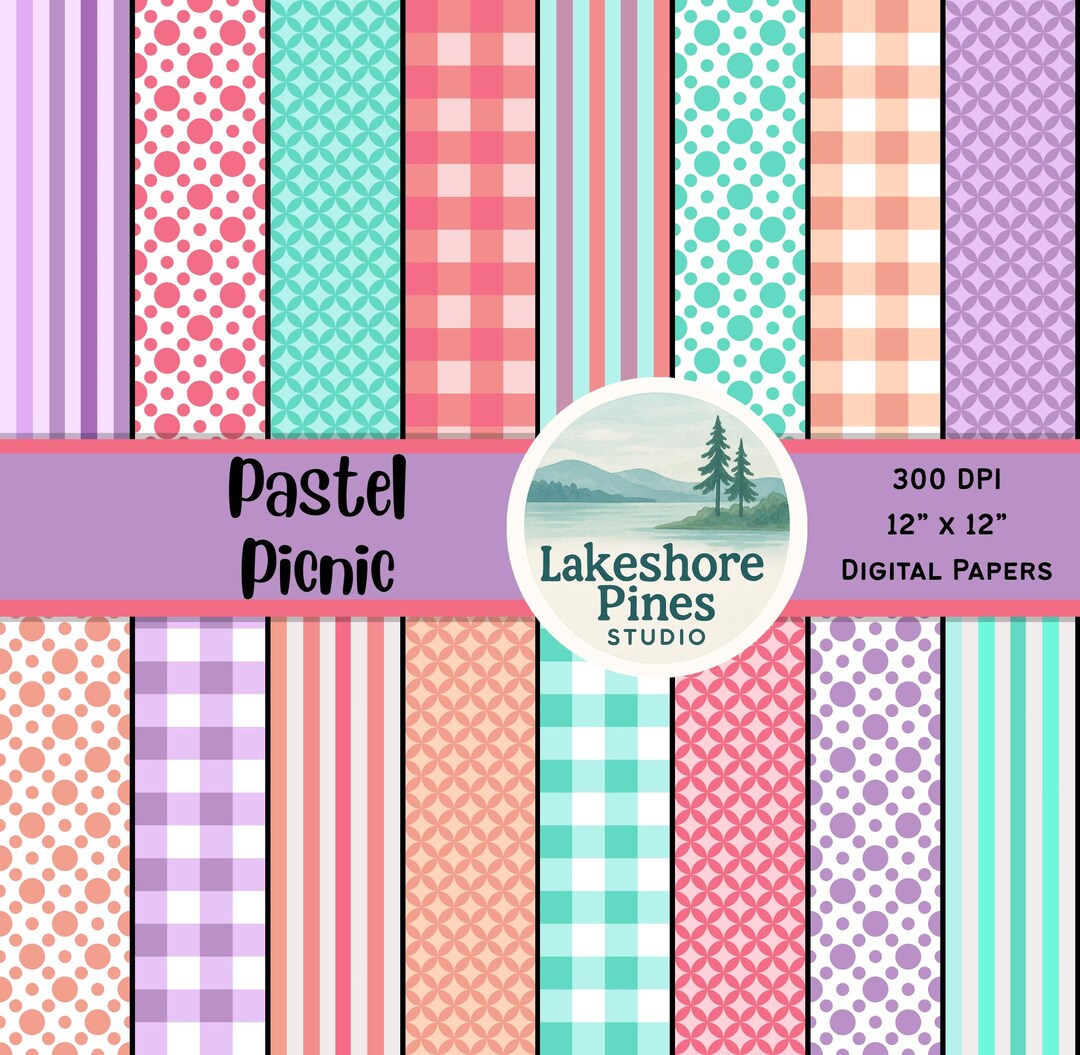 Pastel Picnic Digital Paper Pack: Gingham & Geometric Patterns (12x12 ...