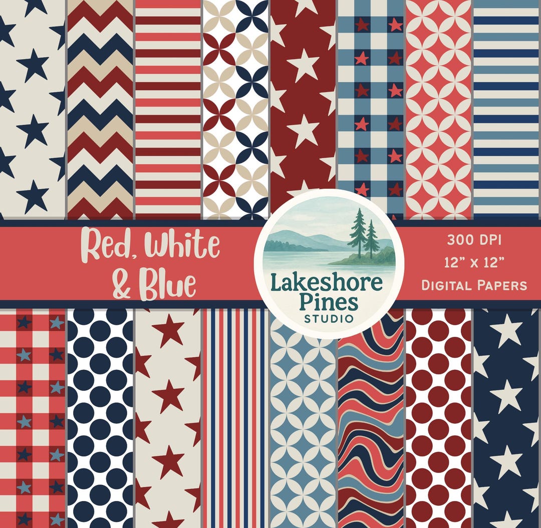 Red White & Blue Digital Paper | Patriotic 4th of July Scrapbook Paper ...