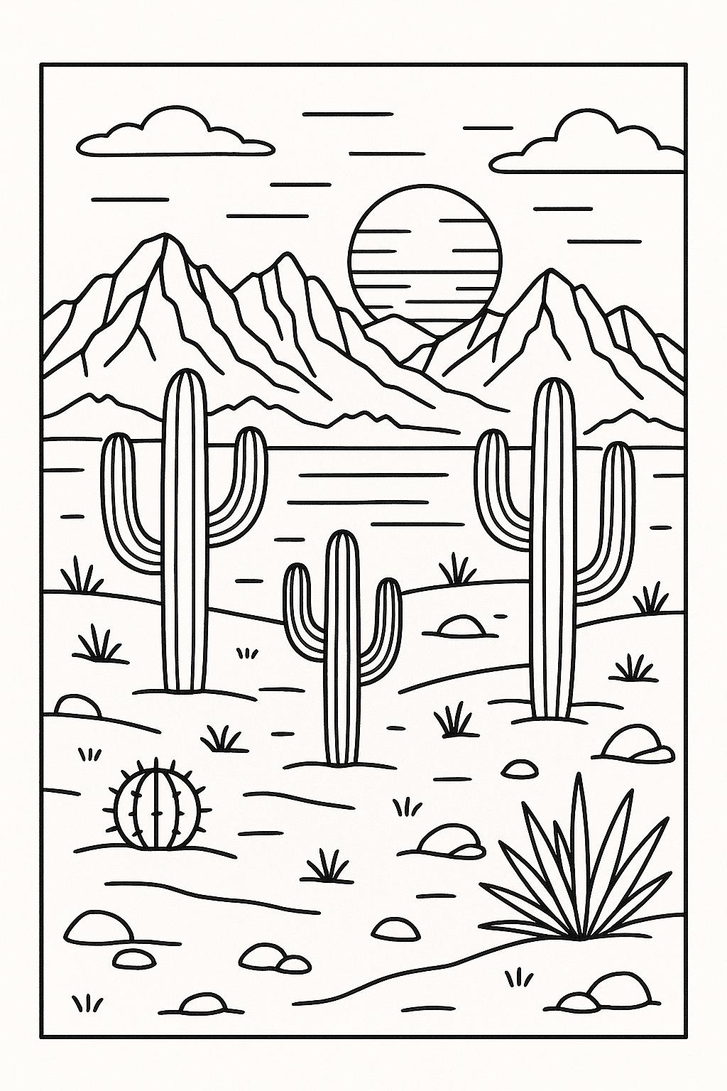Desert Sunset Coloring Page for Kids – Rocky Mountains & Cactus Scene ...