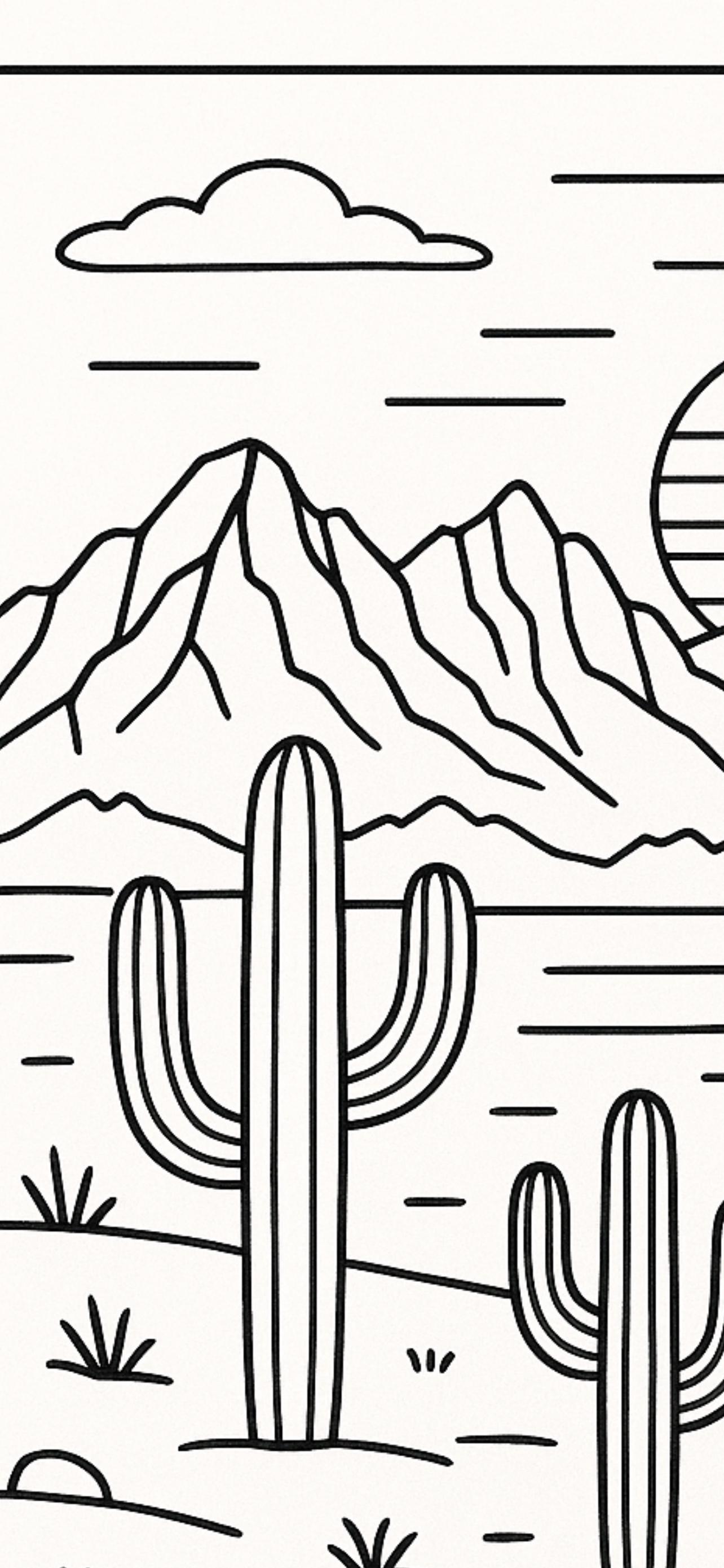 Desert Sunset Coloring Page for Kids – Rocky Mountains & Cactus Scene ...