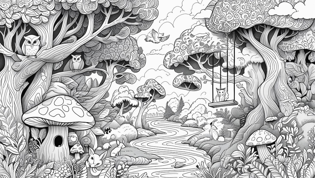 Whimsical Enchanted Forest Coloring Page for Kids – Intricate Printable ...