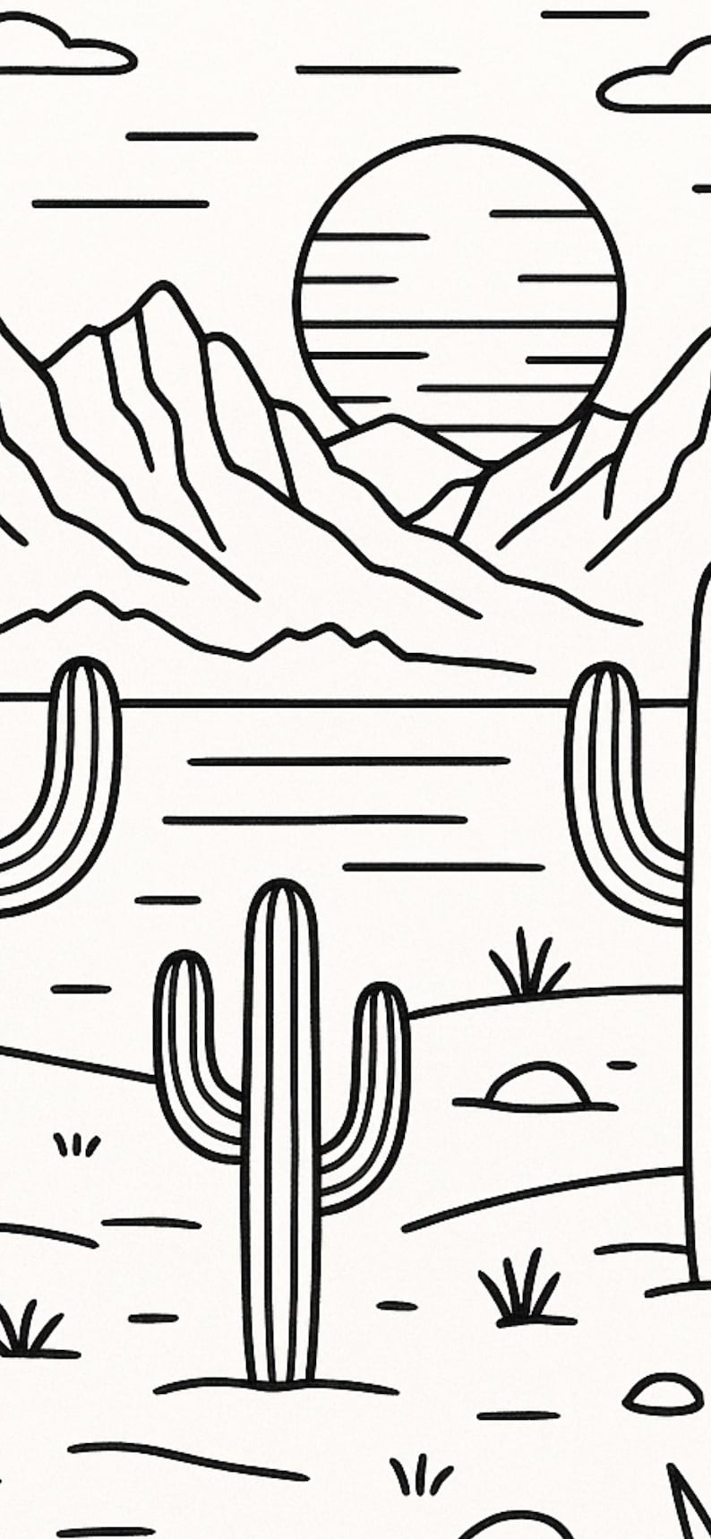 Desert Sunset Coloring Page for Kids – Rocky Mountains & Cactus Scene ...