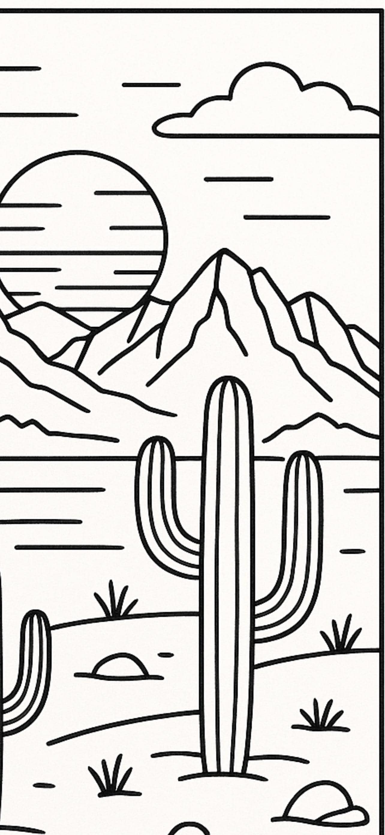 Desert Sunset Coloring Page for Kids – Rocky Mountains & Cactus Scene ...